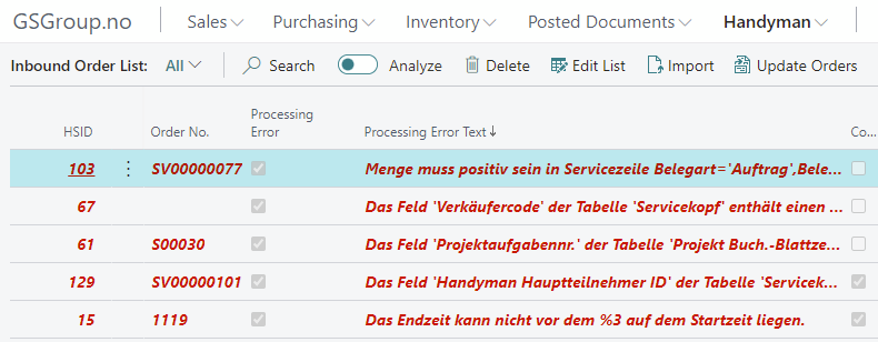 Correct errors in the inbound order list – Handyman Support
